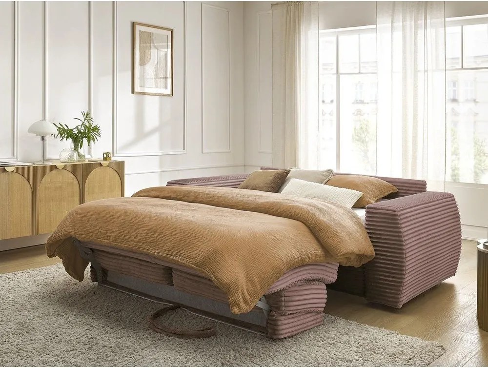 Růžová manšestrová pohovka na každodenní spaní/rozkládací 240 cm Hugo – Bobochic Paris