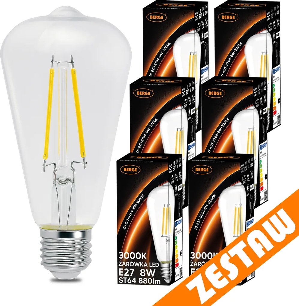 SADA 6x LED žárovka E27 ST64 6W 660lm Filament 3000K - teplá bílá