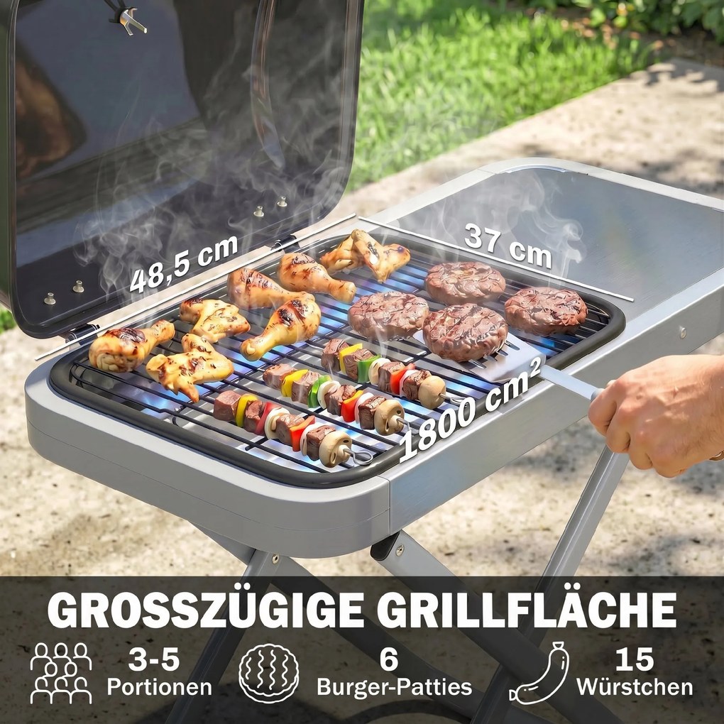 Outsunny Přenosný plynový gril 1 hořák 2,5 kW grilovací vozík se skládacím vozíkem Grilovací rošt Boční stolek Víko Teploměr