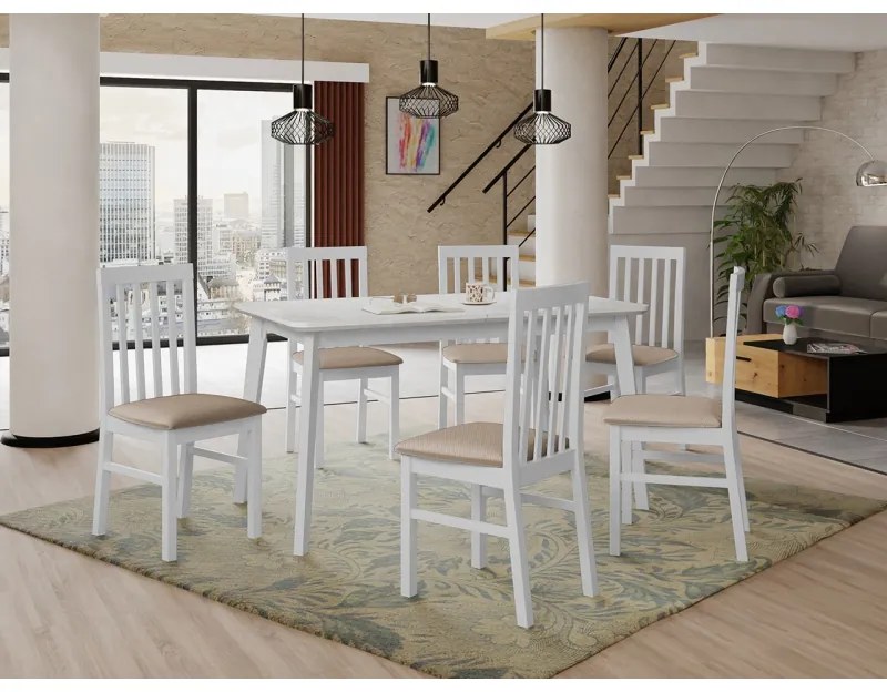 Rozkládací jídelní stůl se 6 židlemi AL16, Barva dřeva: bílá, Potah: Hygge D20, Barvy nožiček: černá