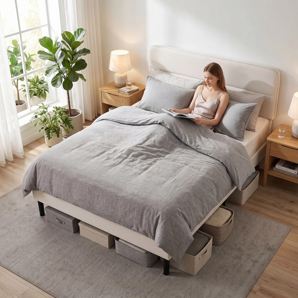 HOMCOM Postelový rám 140 x 200 cm s nastavitelným čelem, čalouněná postel s lněným vzhledem se 12 překližkovými laťkami, béžová