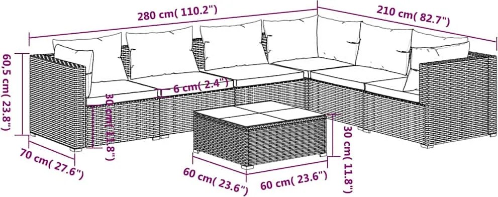 7dílná zahradní sedací souprava s poduškami polyratan černá 3101729