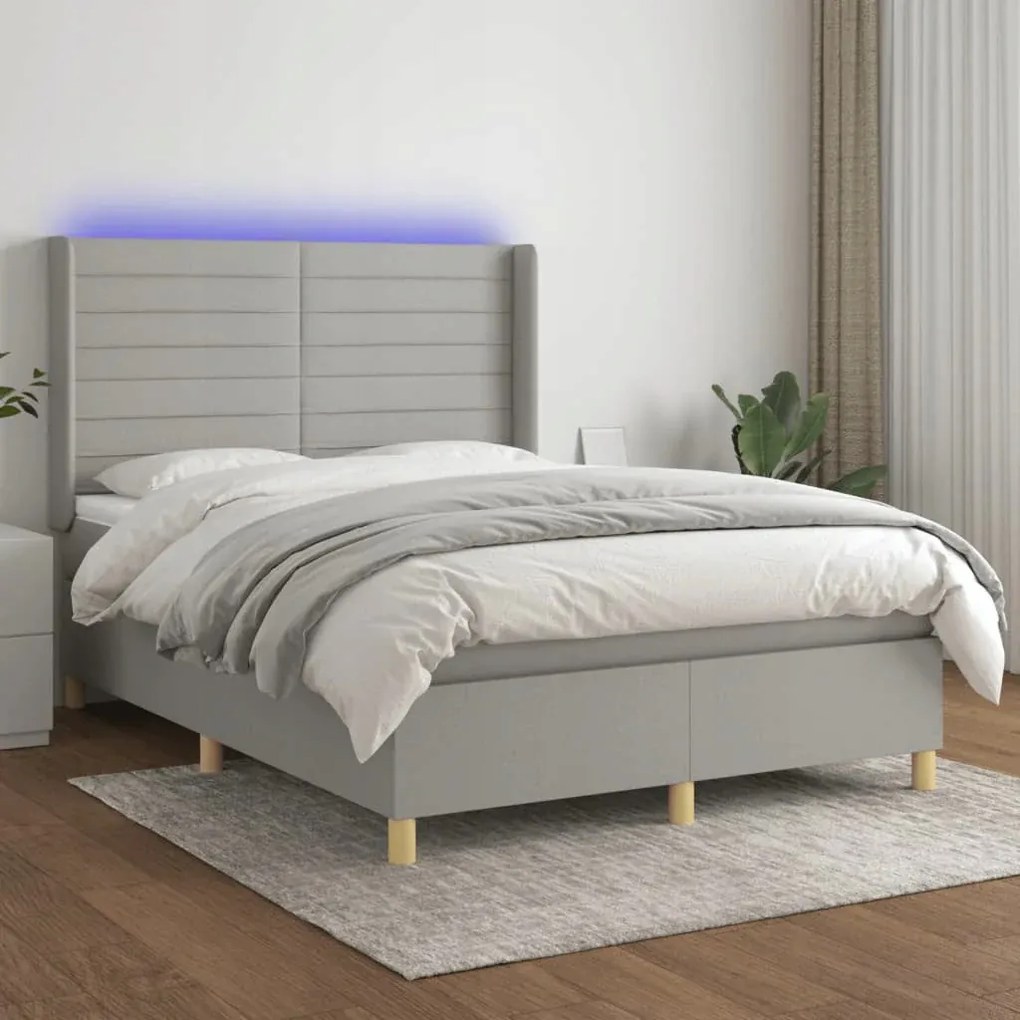 Box Spring Postel S Matrací A Led Textil Světle Šedá vodorovné pruhy 140