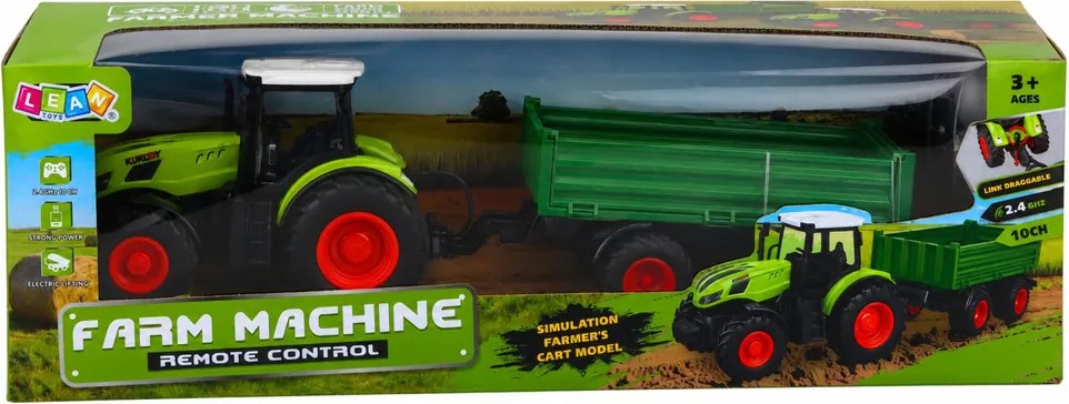 LEAN Toys Zemědělský traktor s vyklápěcím přívěsem, dálkově ovládaný RC, zelený, měřítko 1:24