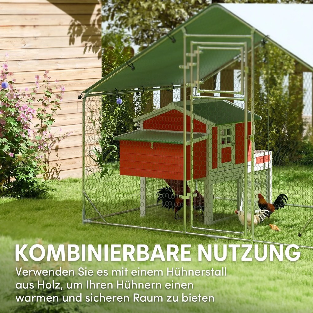 Ocelový výběh pro kuřata PawHut, 300 x 200 x 195 cm, klec pro kuřata s krytem odolným proti UV záření, dvířka na krmení, závěsné krmítko, bidýlko, vý…