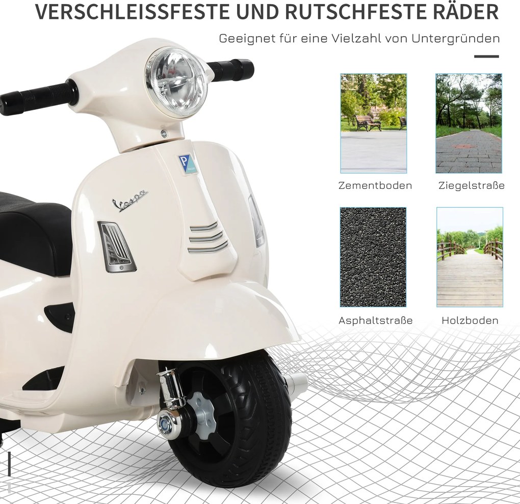 HOMCOM VESPA elektrická motorka pro děti, 18-36 měsíců, 3 km/h, LED světlo a zvuk, PP plast a kov, bílá, 66.5x38x52cm