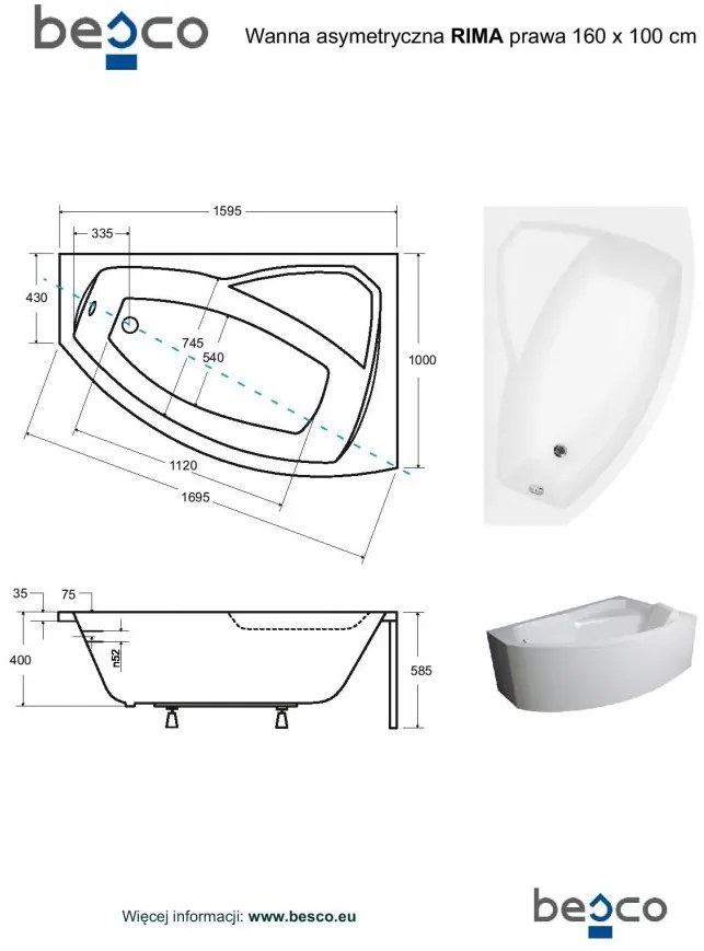 BESCO Asymetrická vana RIMA Nožičky k vaně - Bez nožiček, Rozměr vany - 160 × 100 cm, Způsob provedení - Pravé VANRIM160P