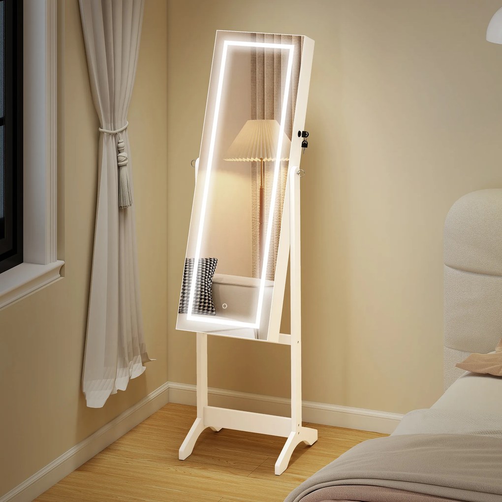 HOMCOM šperkovnice se zrcadlovou skříňkou s LED, stojací zrcadlo se 4 policemi, 46 x 36,5 x 151,5 cm