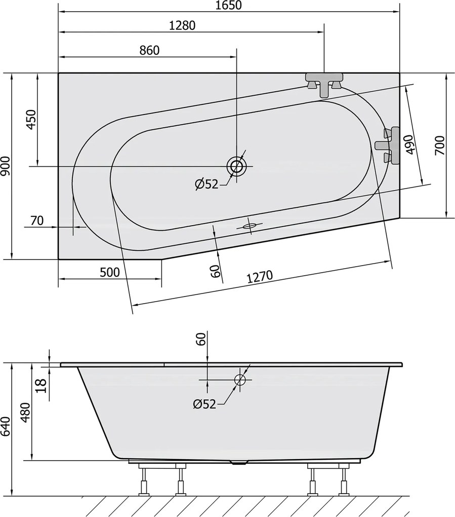 Polysan ASTRA WL SLIM 165 x 90 x 48 cm 30611S asymetrická vana levá bílá
