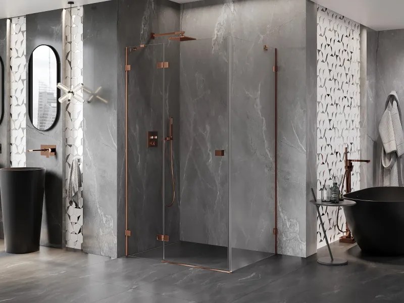 Mexen Lunar, výklopný sprchový kout levý 70 x 80 cm, 8mm čiré sklo, růžové zlato profil, 834-070-080-60-00-L