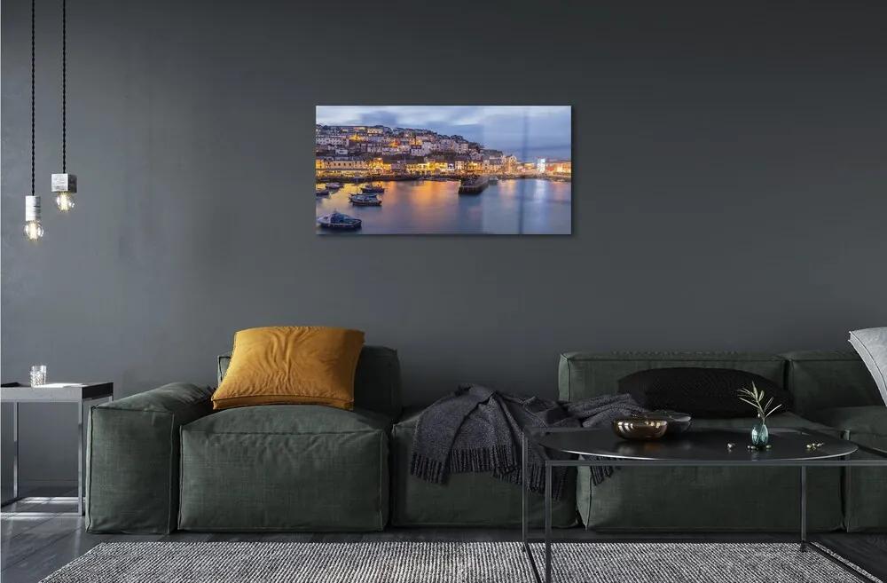 Obraz na skle Město noční moře loď 125x50 cm