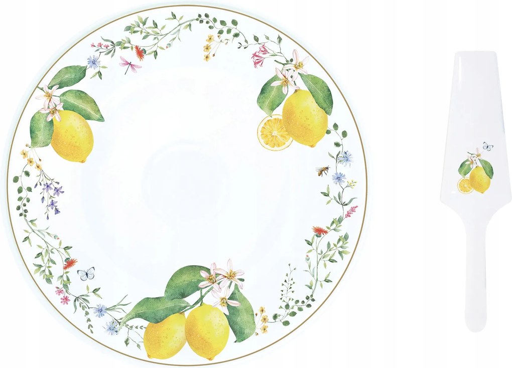 Porcelánová Patrový Podnos Na Zákusky s Lopatkou Talíř 32 cm citronové květy boho