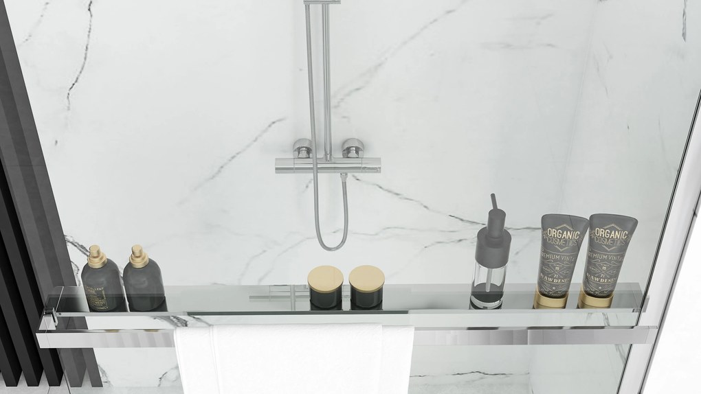 Rea Aero N, sprchová zástěna typu Walk-In 90cm, 8mm čiré sklo, chromový profil + polička a věšák EVO, KPL-K0553
