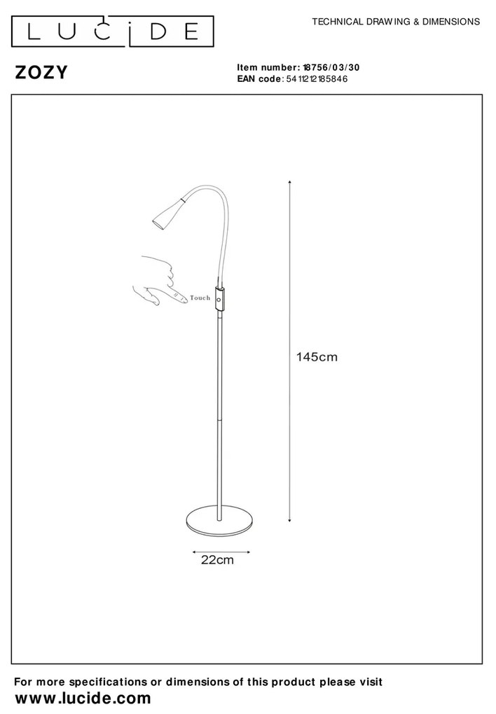 Lucide 18756/03/30 stojací LED lampa Zozy černá, 4W, 3000K, 145cm