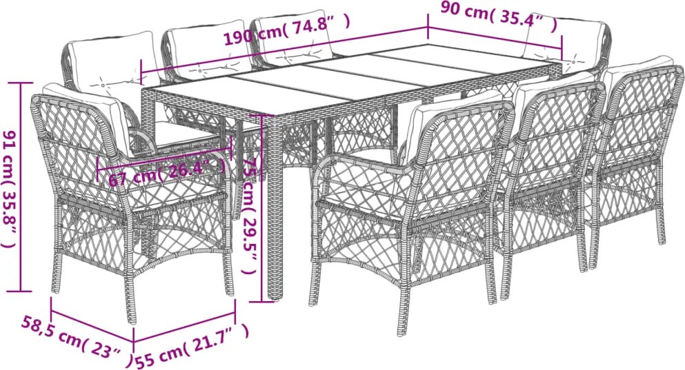 9dílný zahradní jídelní set s poduškami černý polyratan 3212023