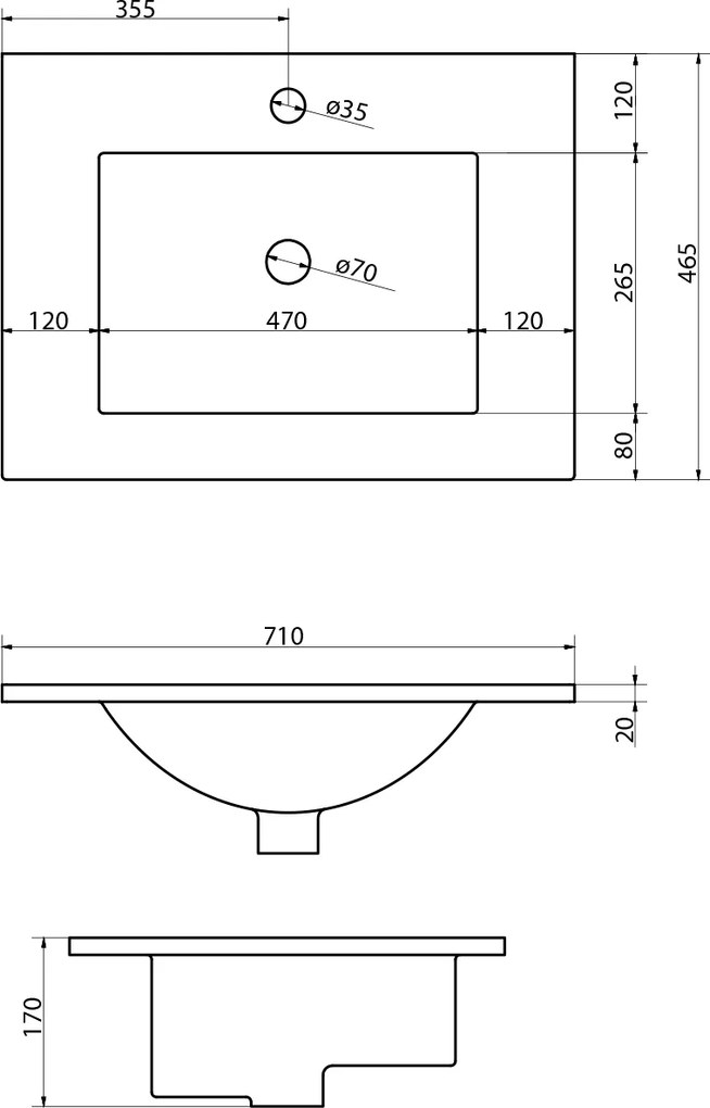 Sapho Slim keramické umyvadlo 70 x 46 cm nábytkové s otvorem pro baterii bílá 1601-70
