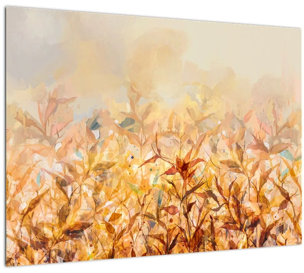 Skleněný obraz - Listy v barvách podzimu, olejomalba (70x50 cm)