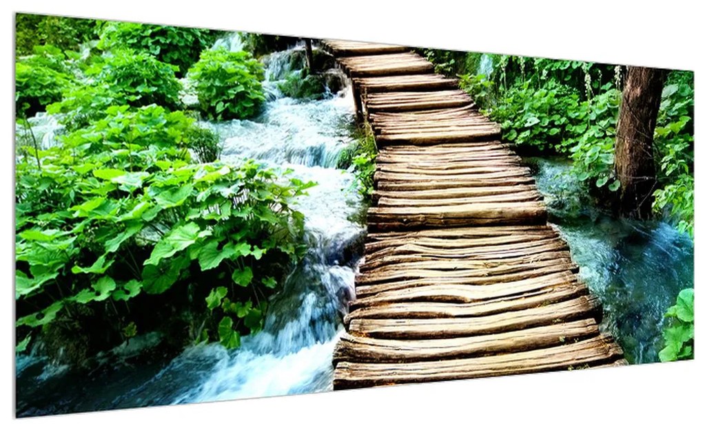 Obraz dřevěného chodníčku přes řeku (100x40 cm)