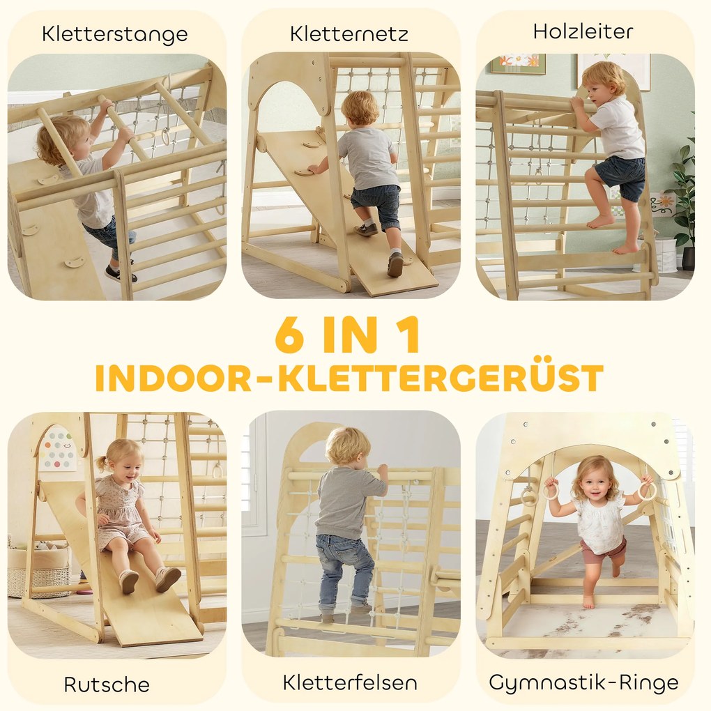 AIYAPLAY Vnitřní horolezecká konstrukce, 6v1 design, skluzavka, lezecké tyče, lezecká stěna, žebřík, lezecká síť, 3-6 let, dřevo