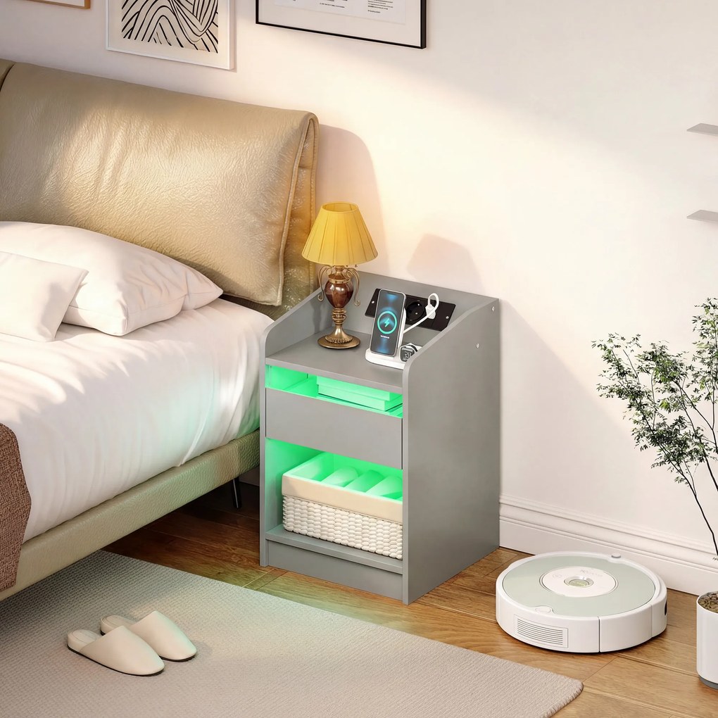 HOMCOM Noční stolek s nabíjecí stanicí LED-RGB světlo, zásuvka, otevřená přihrádka, USB porty a dálkové ovládání 40x40x58 cm Šedá