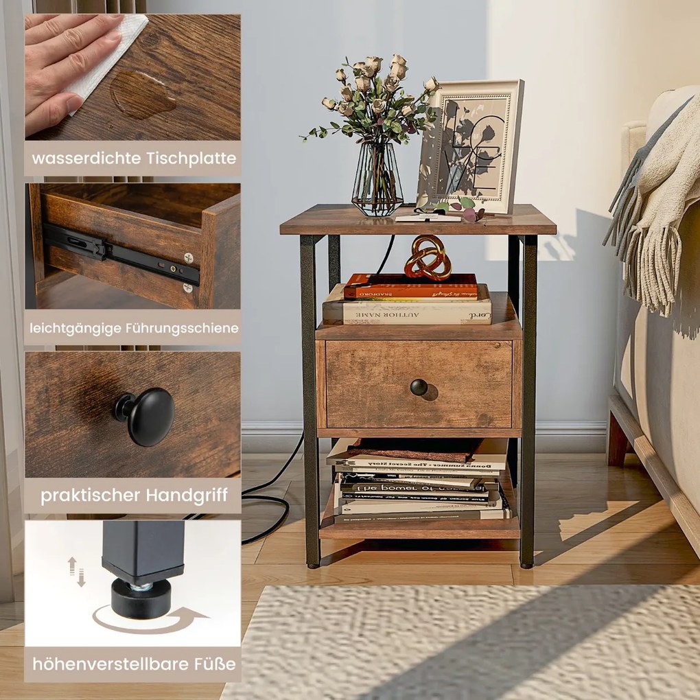 Costway Noční stolek s nabíjecí stanicí a zásuvkovou noční skříňkou s otevřenými