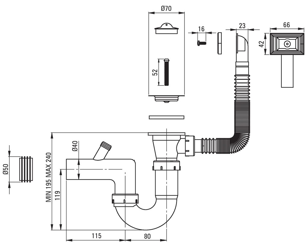 Deante Deante, sifon pro nerezové kuchyňské dřezy 1-komorové, 2" s přepadem v komoře, ZXY_9921