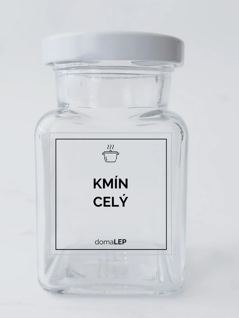 Samolepka na kořenky KMÍN CELÝ průhledná 5 × 5 cm tučné písmo
