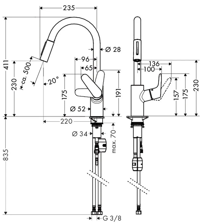Hansgrohe Focus M41, páková dřezová baterie 240, s vytahovací sprškou, chromová, 31815000