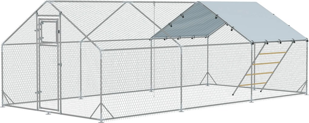 Ocelový výběh pro kuřata PawHut, 300 x 600 x 195 cm, klec pro kuřata s krytem odolným proti UV záření, dvířka na krmení, závěsné krmítko, hřad, výběh…