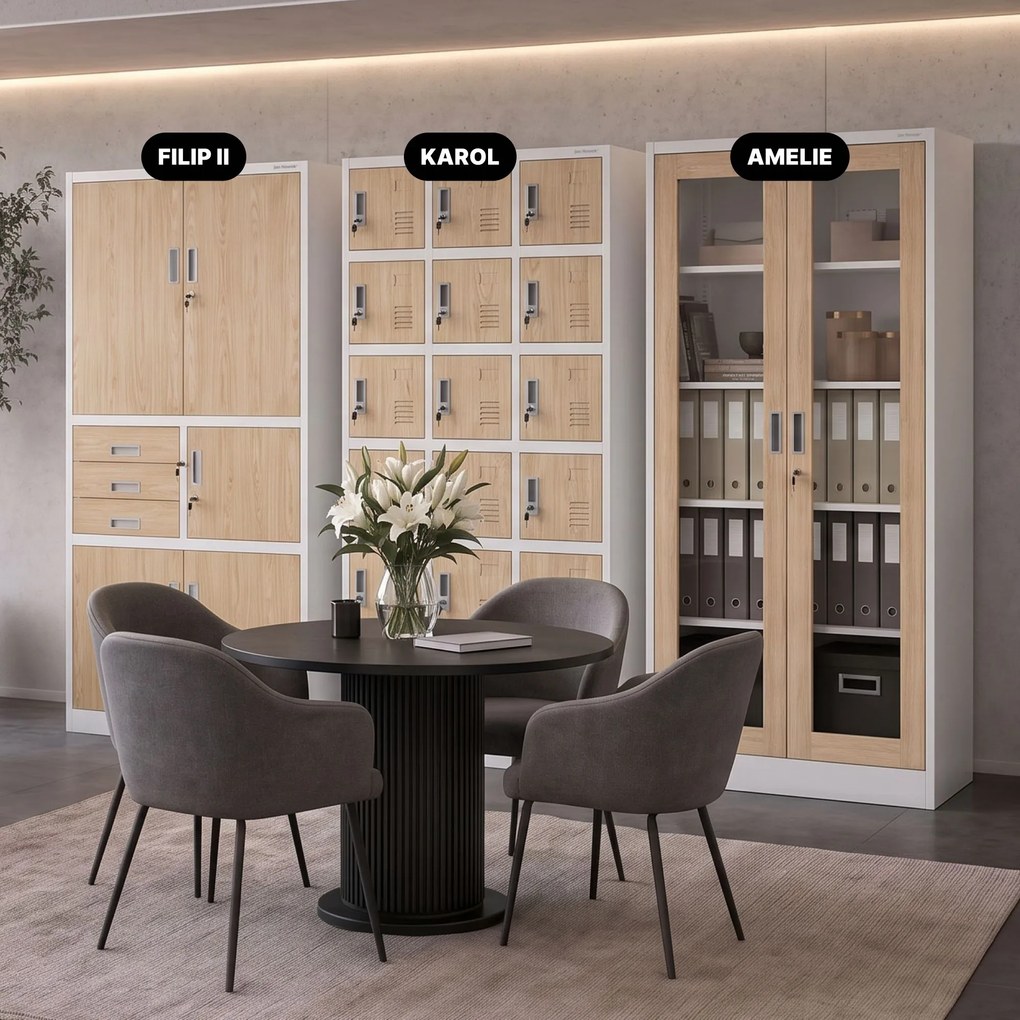 Kovová kancelářská skříň se sejfem bílá, dub sonoma, 900x1850x400 mm: FILIP II Eco Design