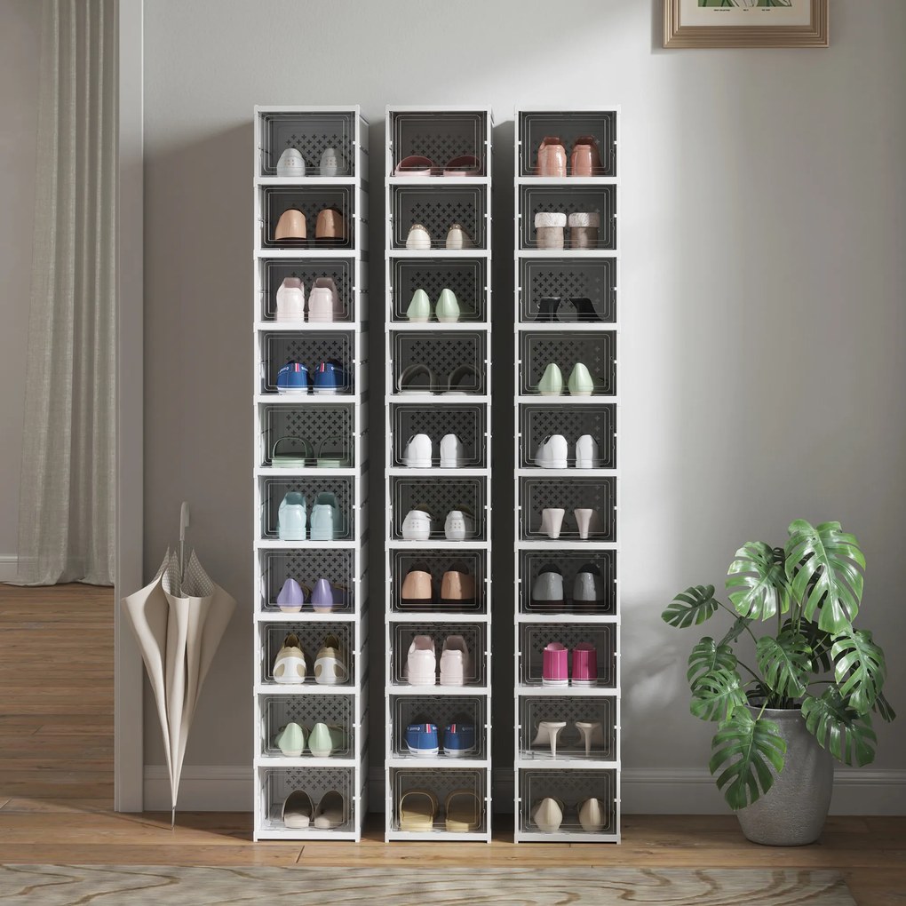 HOMCOM Sada 10 skládacích botníků, stohovatelné plastové úložné boxy na boty s víky, úložný prostor pro boty až do velikosti 43, bílá, 26x35x174cm
