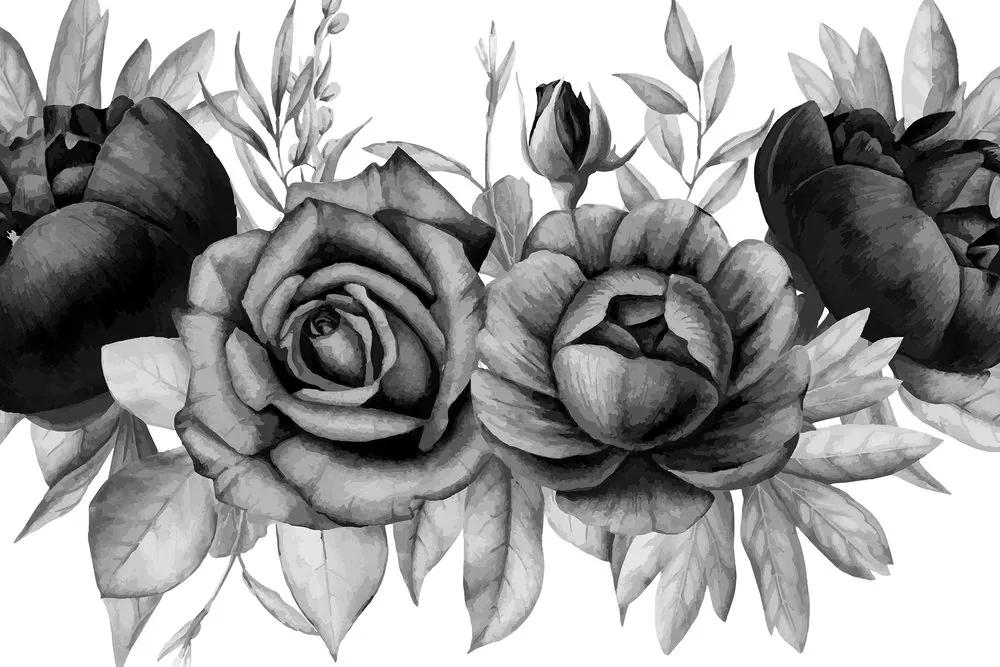 Obraz okouzlující kombinace květů a listů v černobílém provedení Varianta: 90x60