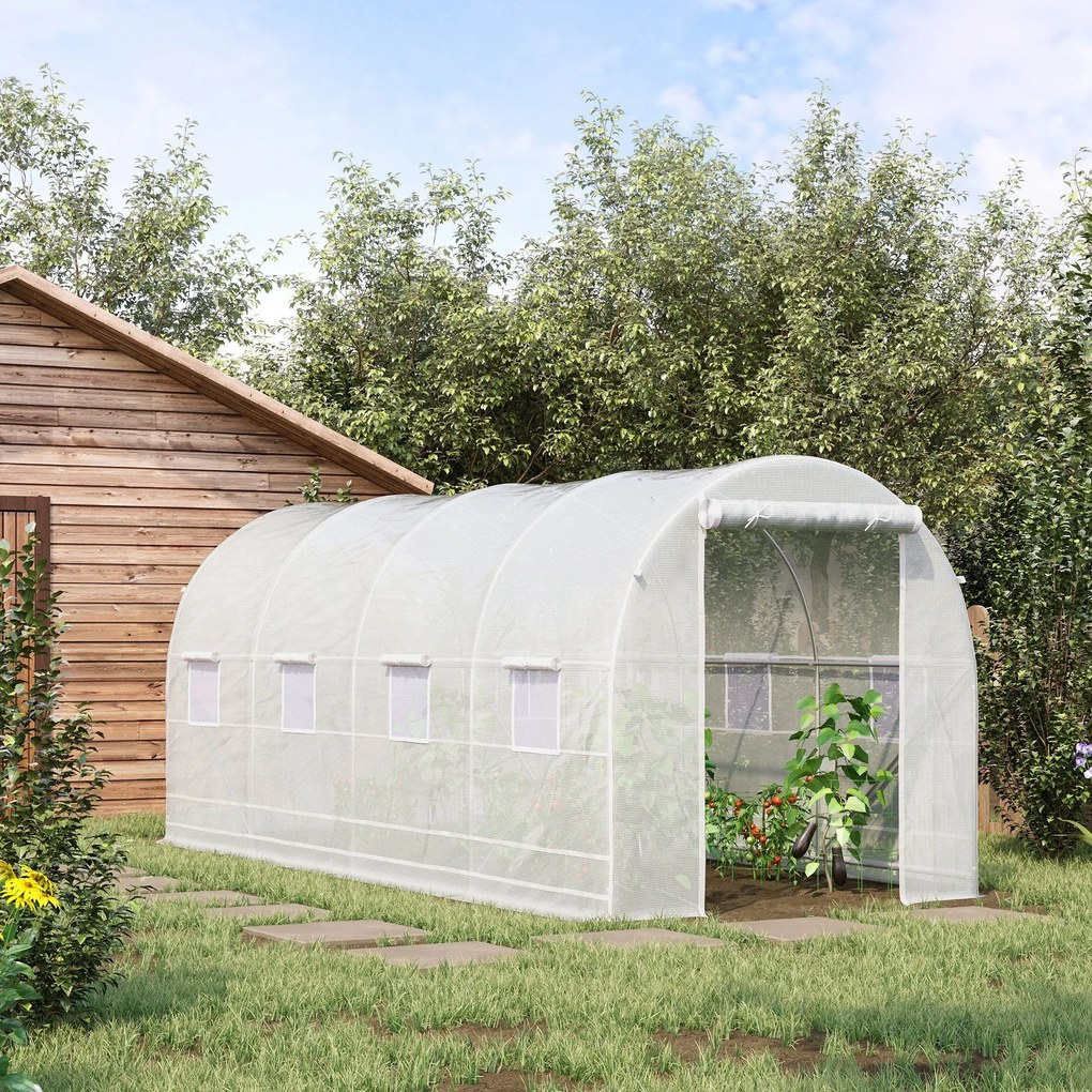 Zahradní tunelová skleník Outsunny s 8 okny a rolovacími dveřmi, kovový rám a polyethylenový kryt, 5x2x2m, bílý