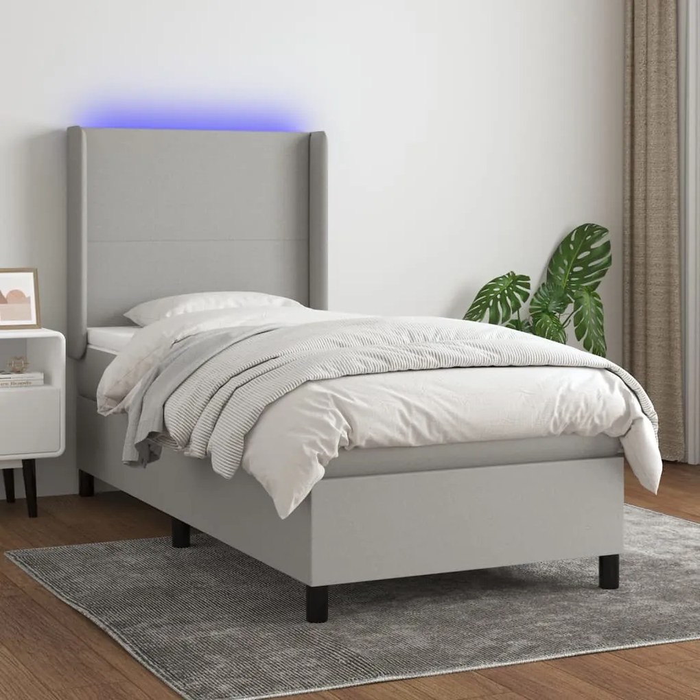 Box spring postel s matrací a LED světle šedá 90x190 cm textil