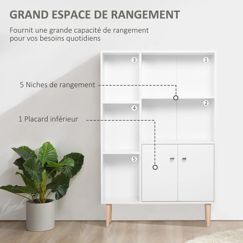 HOMCOM Skandinávská Knihovna s Úložným Prostorem, rozměry 80 Š x 23,5 H x 123 V cm, 5 nik, skříňka, 2 dveře, zúžené nohy z masivního borovicového dře…