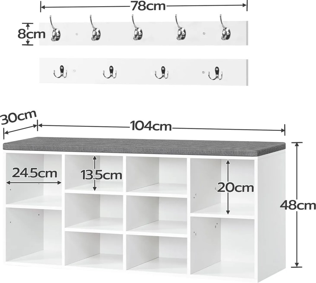 Předsíňový věšák s botníkem a sedákem Vasagle Jungo 104 cm bílý/šedý