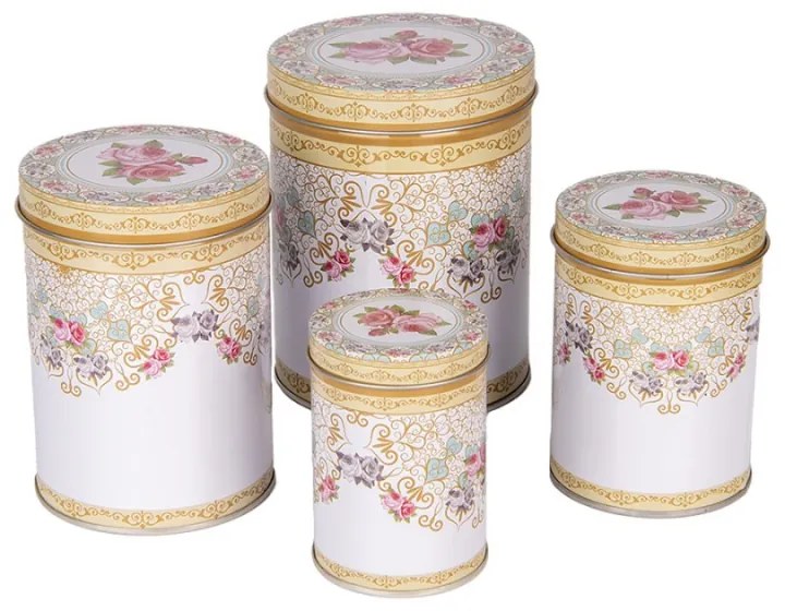 Sada 4 žluto-bílé kovové krabičky s ornamenty a květy – 11 / 9 / 8 / 6 cm