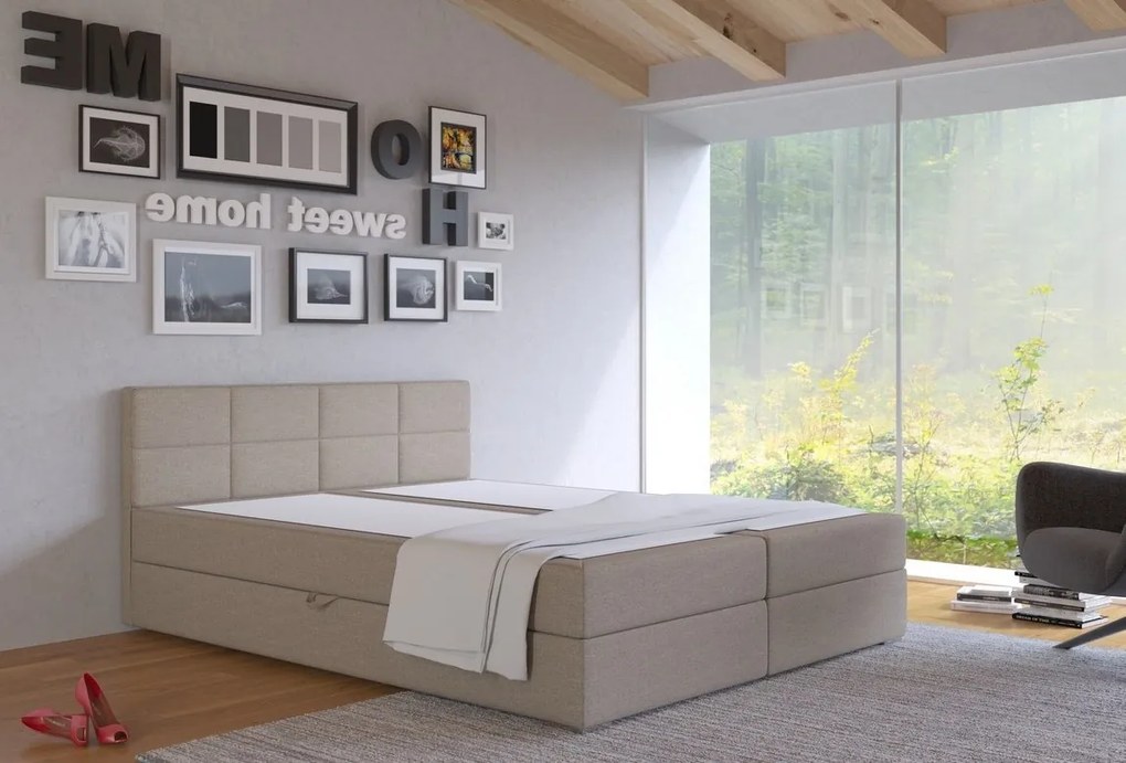 Americká postel boxspring CS89011, s matrací a úložným prostorem, béžová, 160x200 cm
