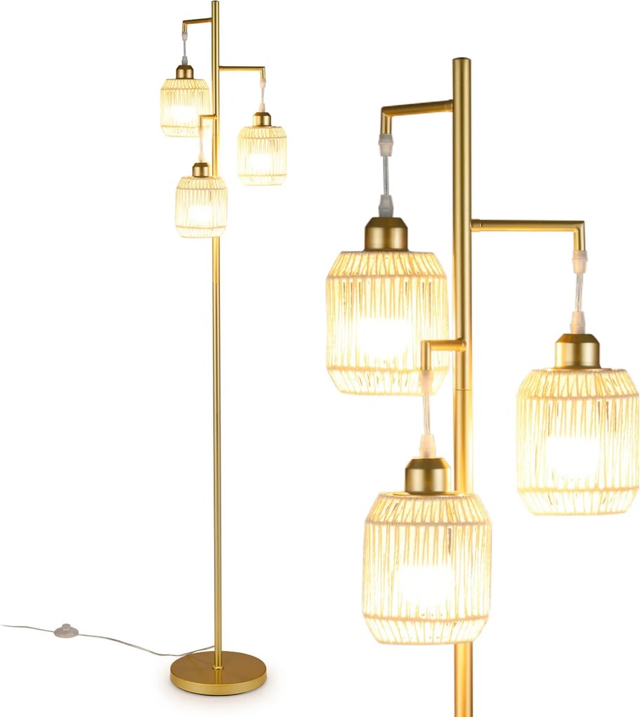 Costway Stojací lampa 173 cm lampa na čtení s 3 E27 zásuvkami a nožním spínačem