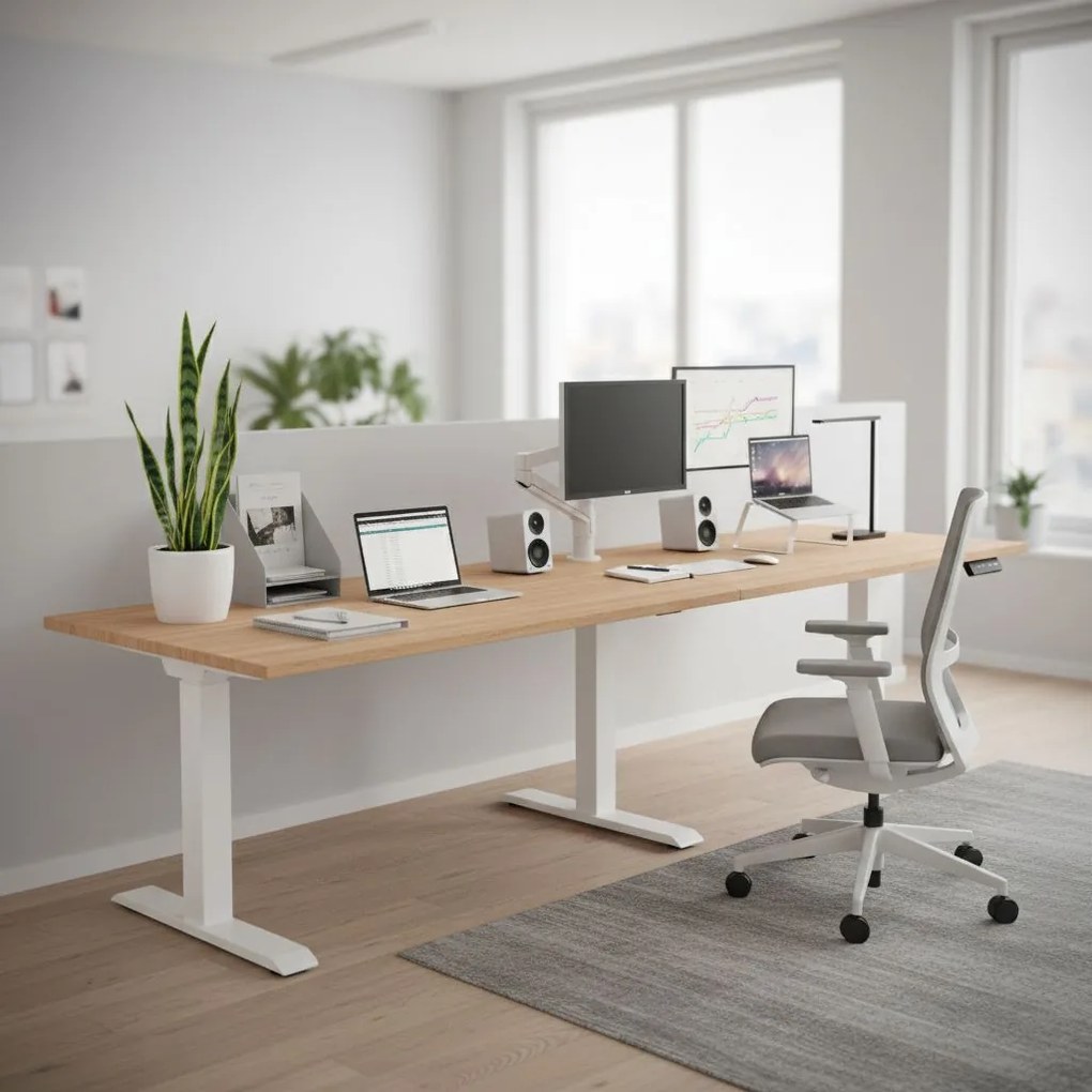 Výškově nastavitelný stůl OfficeTech Long, 260 x 80 cm, bílá podnož, dub kraft