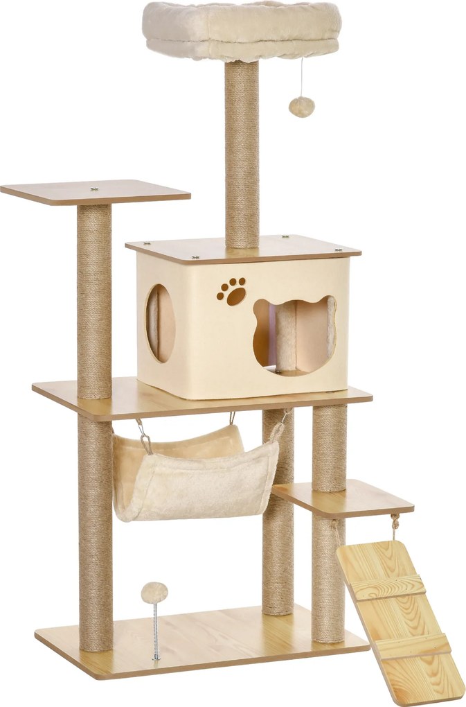 PawHut dřevěný kočičí strom s prolézačkou a kočičí jeskyní, jutové špalky, míčky na hraní, žlutý, 60x40x130cm pro aktivní kočky | Aosom.de