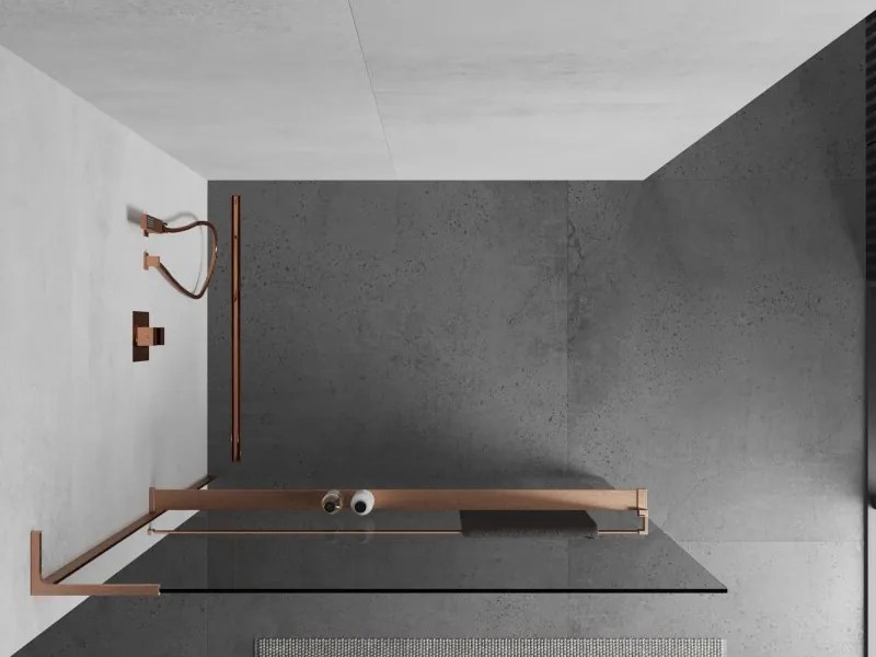 Mexen Kioto+ L, sprchová zástěna Walk-In s poličkou a věšákem 90 x 200 cm, 8mm čiré sklo, měděný matný profil, 800-090-123-65-00