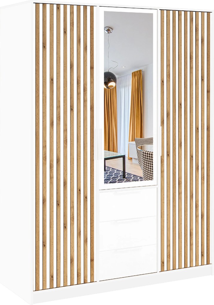 STO Šatní skříň BALI D3 LUX 149 cm, Bílá / Dub Votan