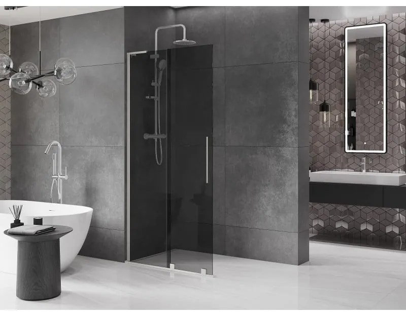 Mexen Velar L, posuvná sprchová zástěna Walk-in 90 x 200 cm, 8mm šedé sklo, broušená ocel, 871-090-003-43-97