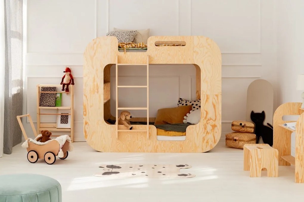 Domečková patrová dětská postel z masivního dřeva 90x200 cm v přírodní barvě Mila DMP Rozměr: 80x190 cm, Vstup do postýlky: Levá