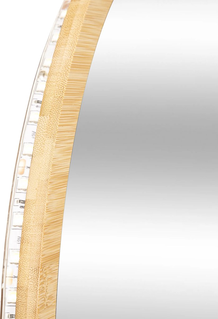 Koupelnové zrcadlo s LED podsvícením, bambusový rám, Ø 57 cm