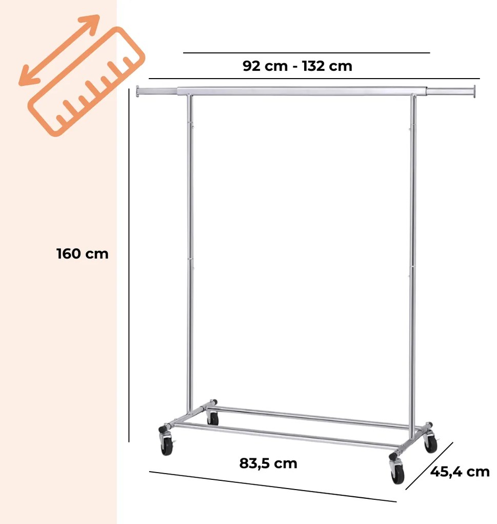 Stojan na oblečení INEZ na kolečkách, max. 90 kg, 83,5x45x160cm, stříbrná Jurhan
