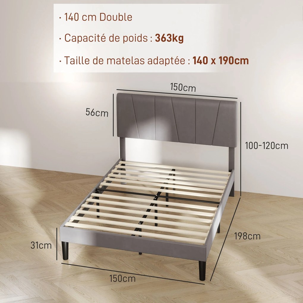HOMCOM Dvoulůžkový Rám Postele, 140 x 190 cm, Postel pro 2 osoby, Kovový Rám, Nastavitelný Čelní Panel, s Lamelovým Roštem, Úložný Prostor pod Postel…