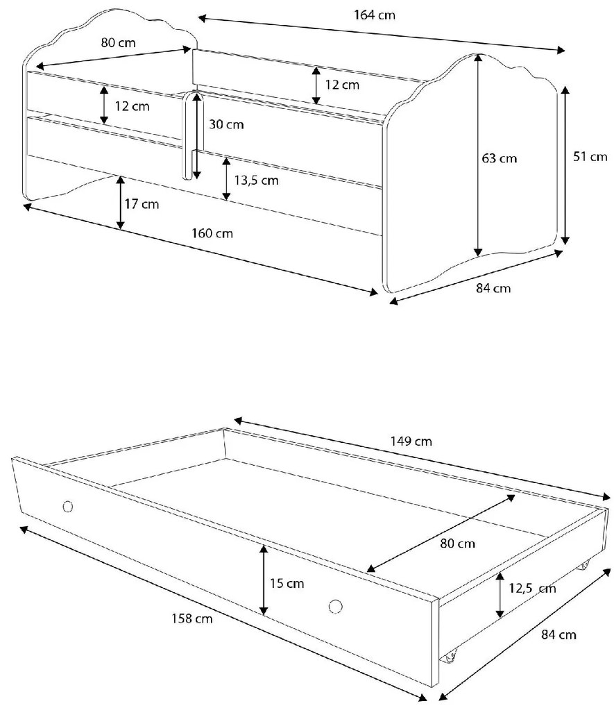 ADRK Postel CASIMO CAT, CH-Cas-Barri-Cat-160-E122, 160x80 cm se zásuvkou, zábradlím a matrací, bílá/grafika