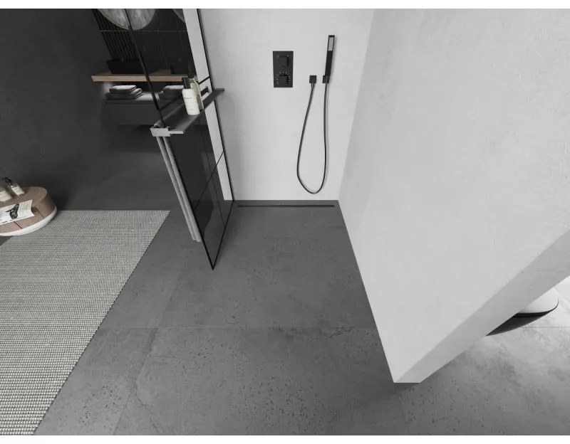 Mexen Kioto+, sprchová zástěna Walk-In s poličkou a věšákem 70 x 200 cm, 8mm čiré sklo černý vzor, grafitový profil, 800-070-121-66-77